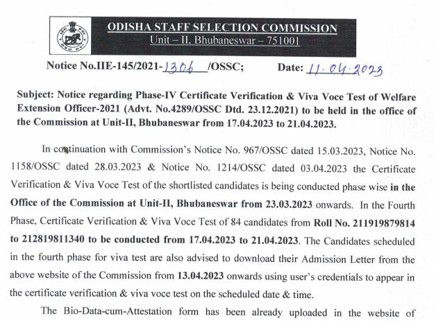 OSSC WEO 2023 Phase 4 Interview Schedule Out for Welfare Extension Officer OSSC WEO 2023 Phase 4 Interview Schedule Out for Welfare Extension Officer